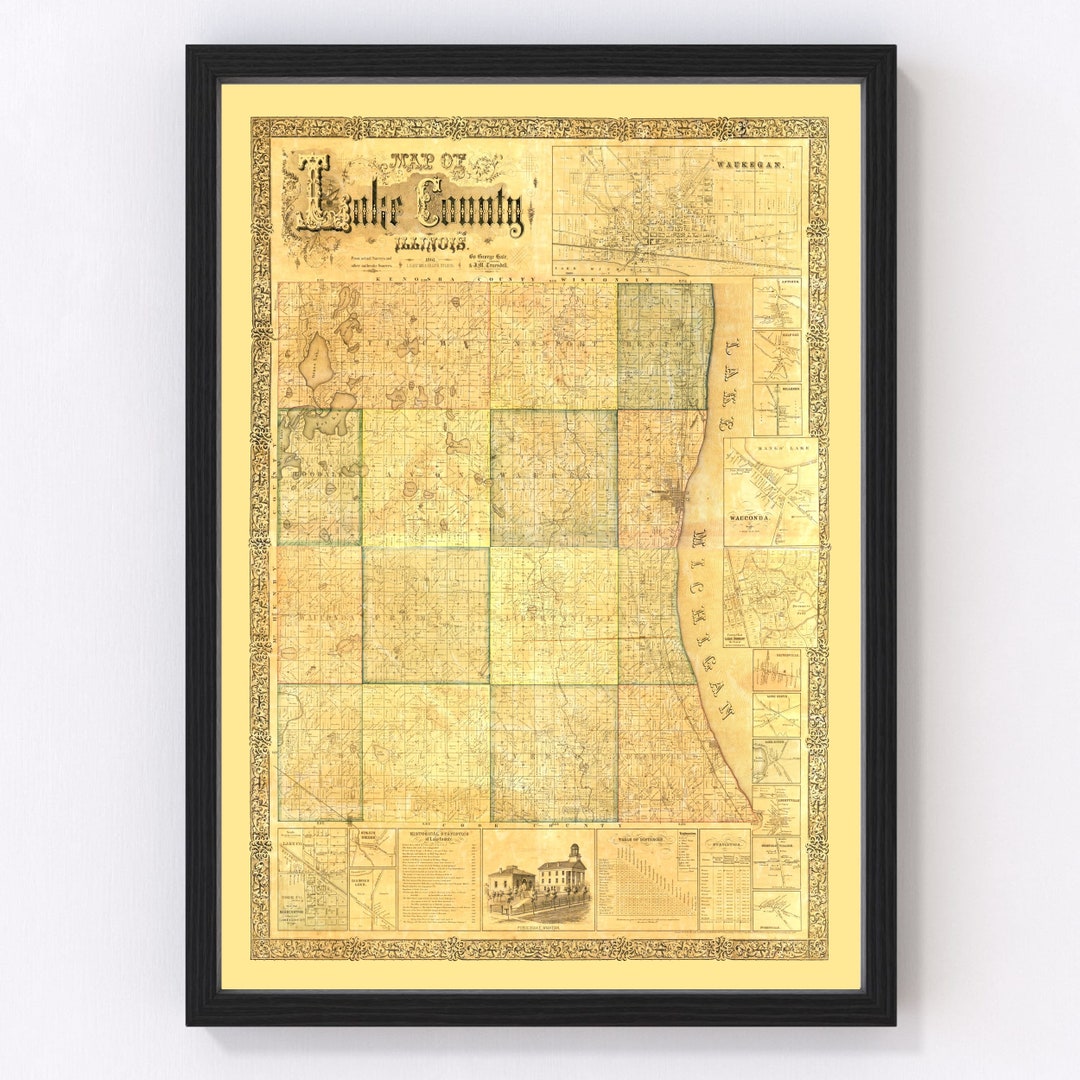 Lake County Map 1861, Vintage Lake County Map, Old Lake County Illinois ...