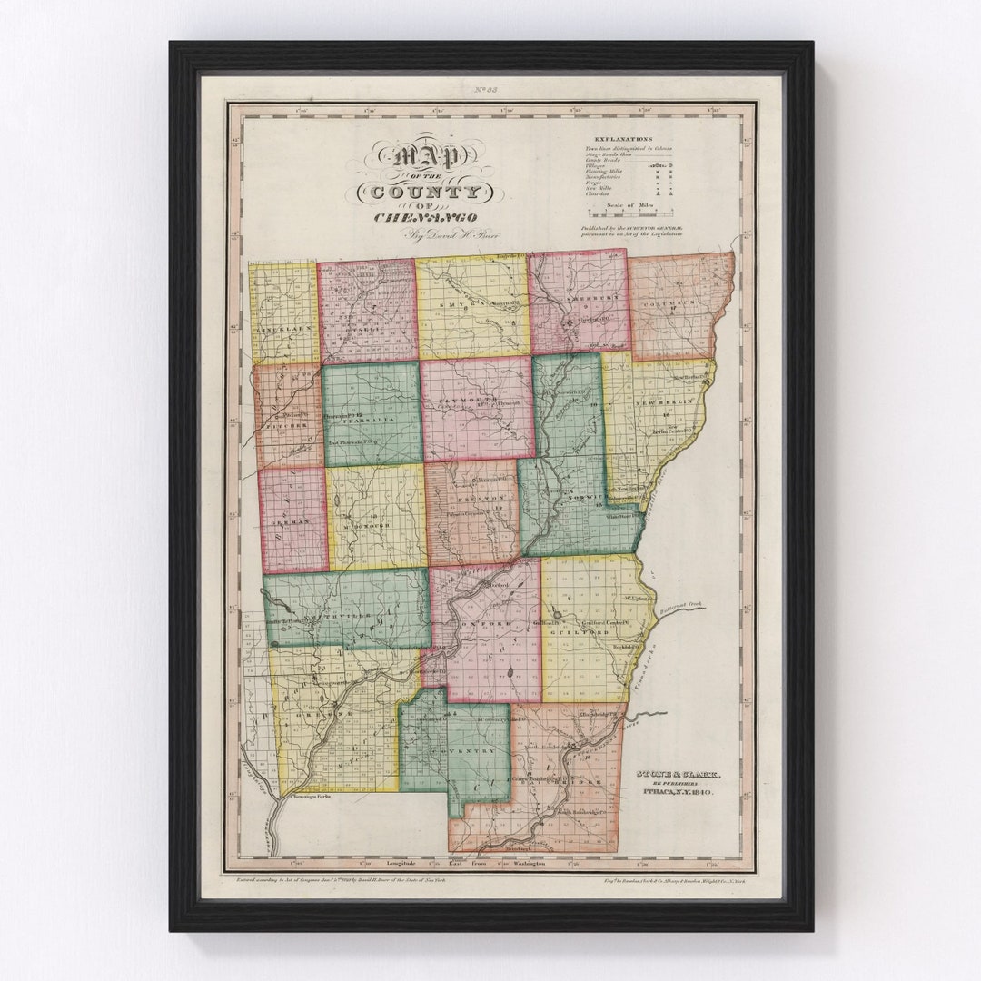 Chenango County Map 1840, Vintage Chenango County Map, Old Chenango ...