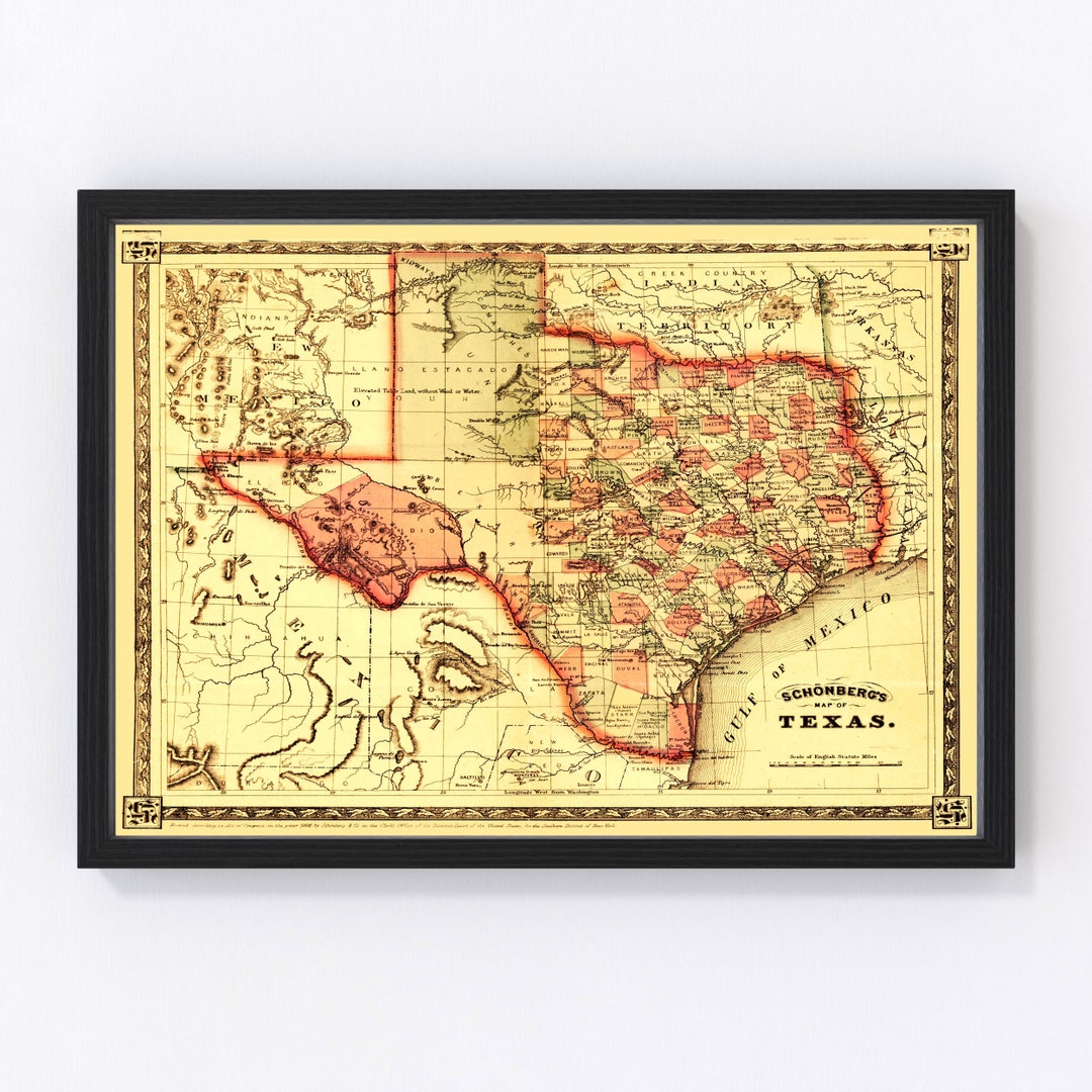 Texas Map 1866 Old Map of Texas Art Vintage Print Framed Wall Art ...