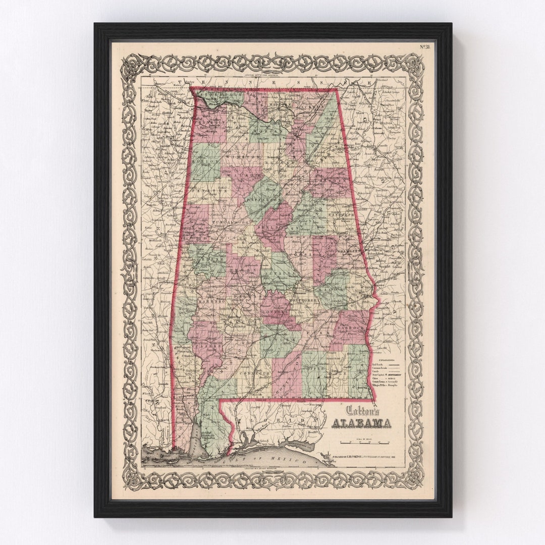 Alabama Map 1861, Vintage Alabama Map, Old Alabama Art, Wall Art Gift ...