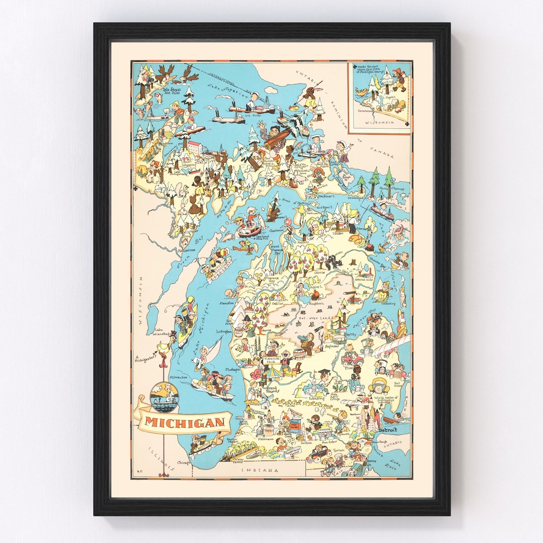 Michigan Map 1935 - Old Map of Michigan Art Vintage Print Framed Wall ...