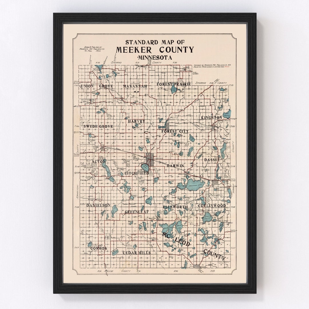 Meeker County Map 1913, Vintage Meeker County Map, Old Meeker County ...