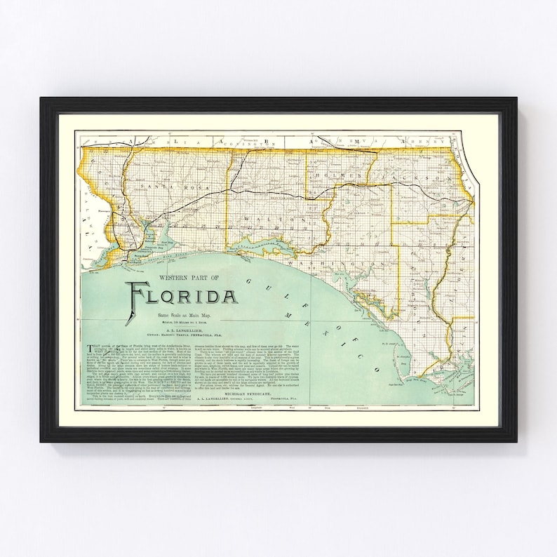 Florida Map 1890 - Old Map of Florida Art Vintage Print Framed Wall Art ...