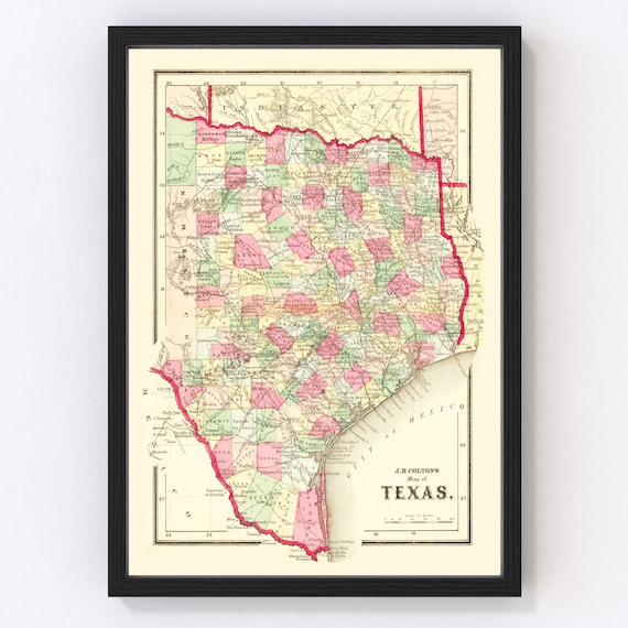 Texas Map 1861 Old Map of Texas Art Vintage Print Framed - Etsy