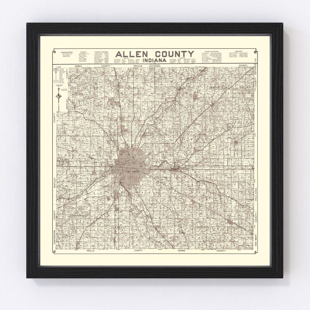 Allen County IN Map 1935 Old Map of Indiana Art Vintage Print Framed ...