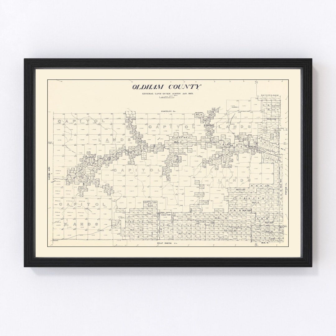 Oldham County TX Map 1925 Old Map of Texas Art Vintage Print Framed ...