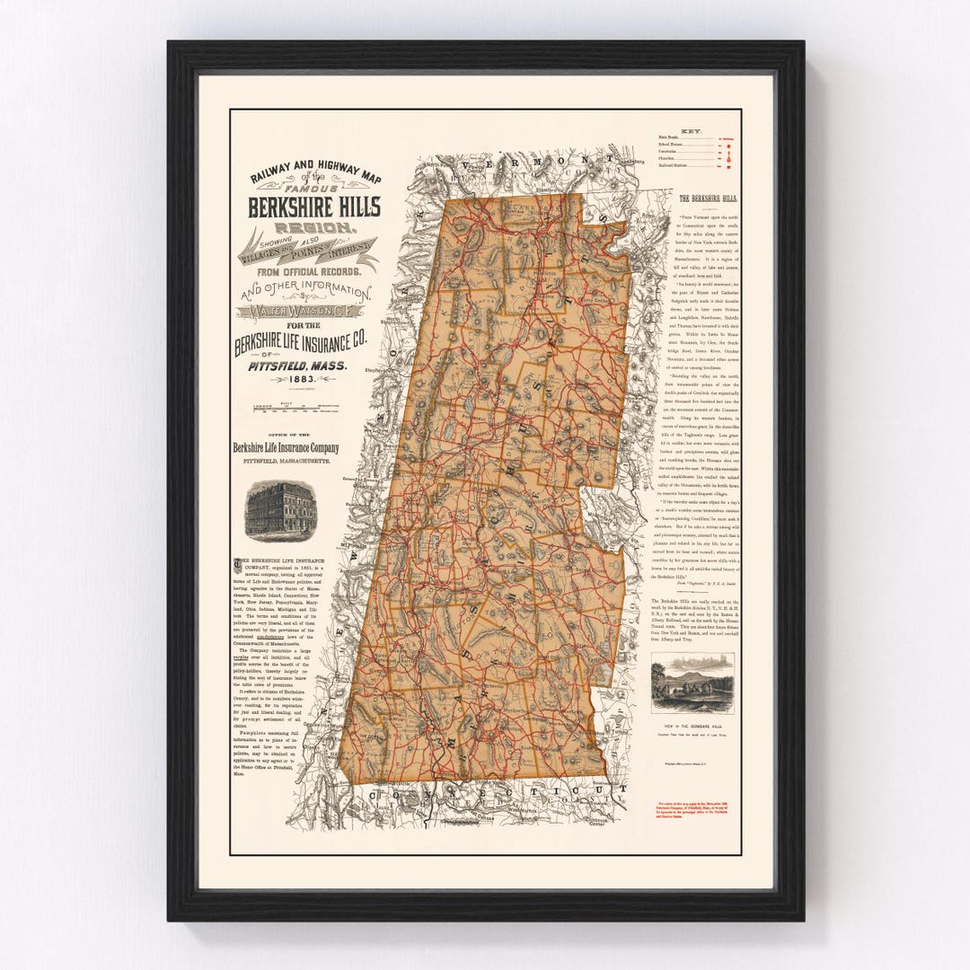 The Berkshires Map 1896, Vintage the Berkshires Map, Old the Berkshires ...