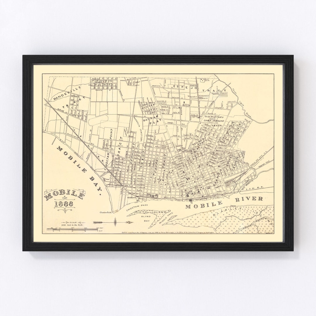 Mobile Map 1888 - Old Map of Mobile Alabama Art Vintage Print Framed ...