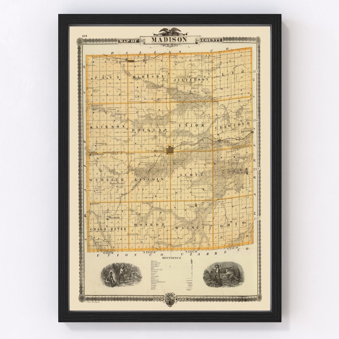 Madison County IA Map 1875 Old Map of Winterset Iowa Art Vintage Print ...