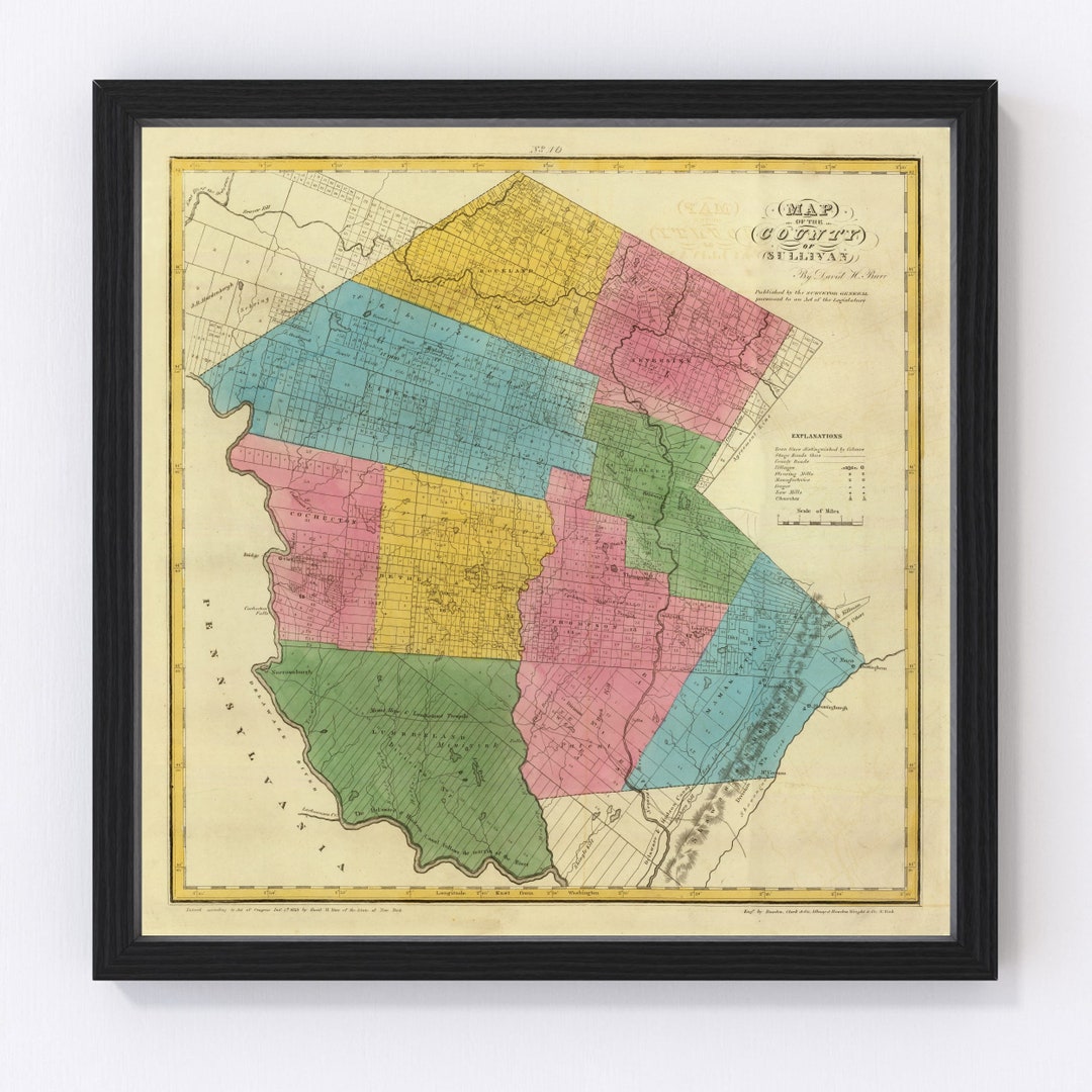 Sullivan County NY Map 1829 Old Map of Monticello New York Art Vintage ...