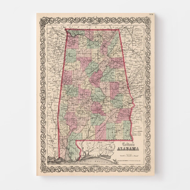 Alabama Map 1861 Old Map of Alabama Art Vintage Print Framed - Etsy
