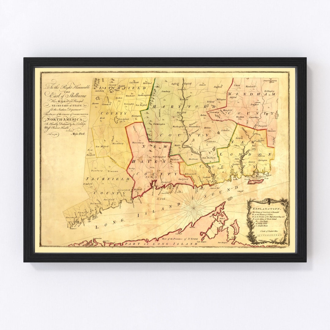 Connecticut Map 1766 Old Map of Connecticut Art Vintage Print Framed ...