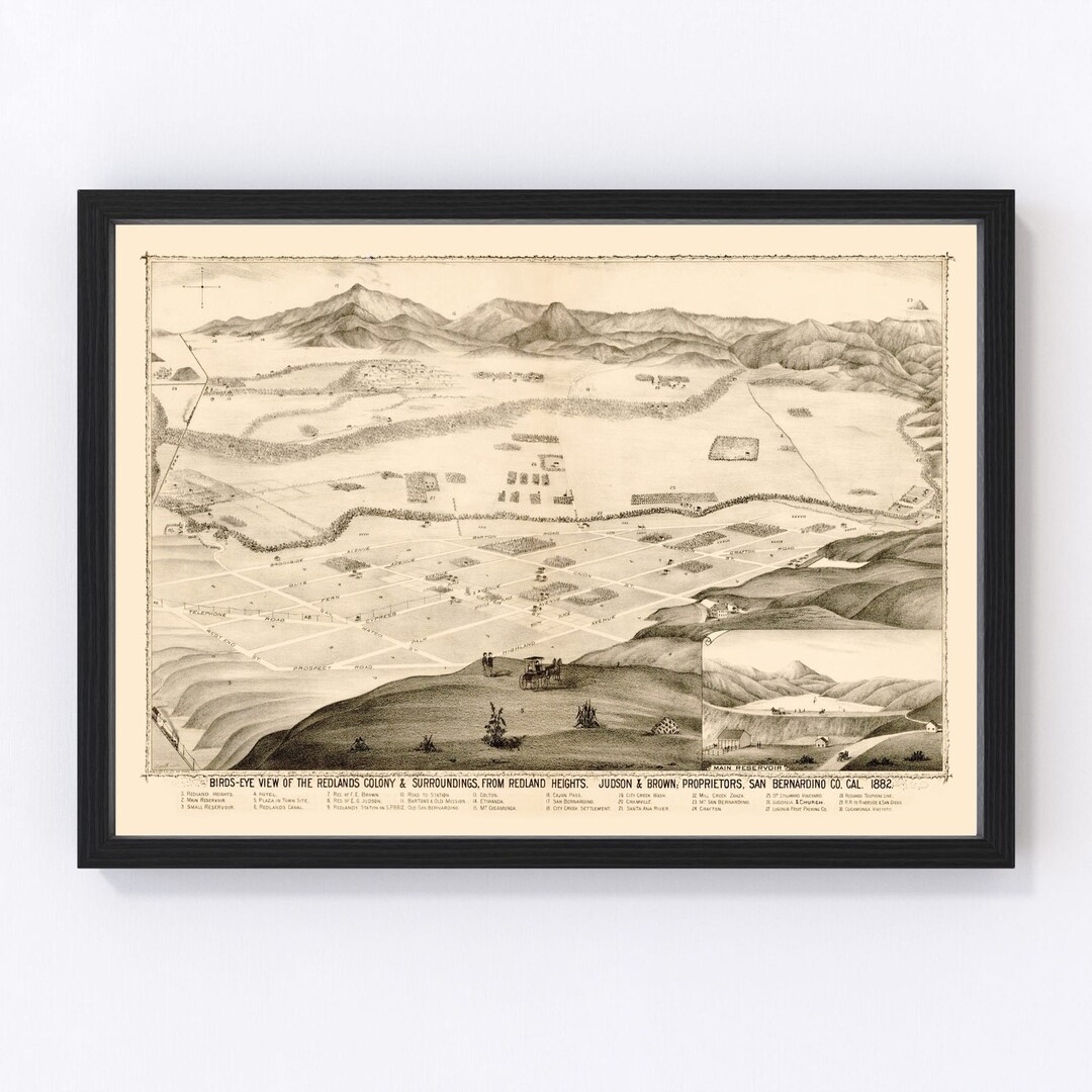 Redlands Map 1882, Vintage Redlands Map, Old Redlands California Art ...