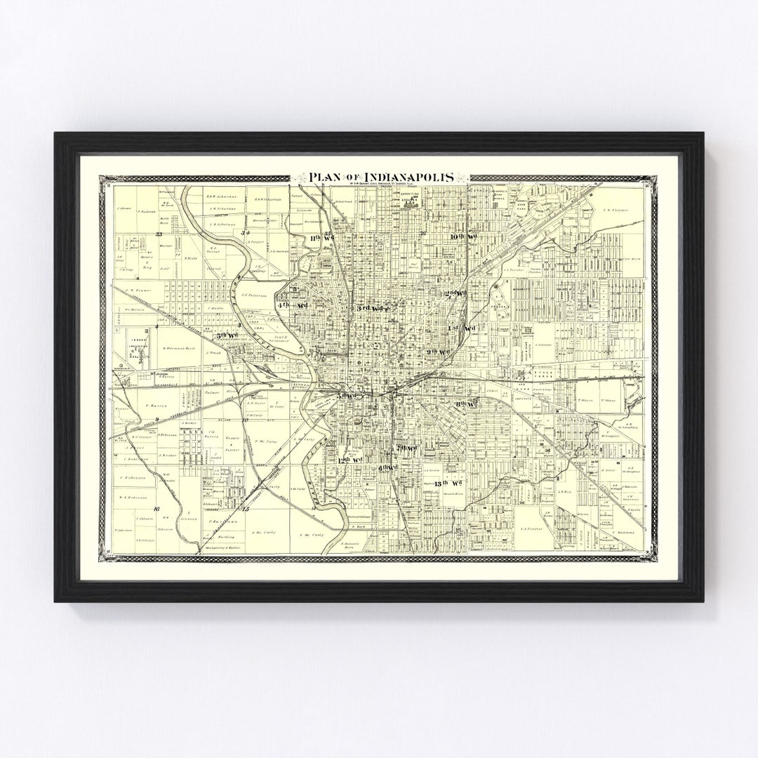 Indianapolis Map 1876 Old Map of Indianapolis Indiana Art Vintage Print ...