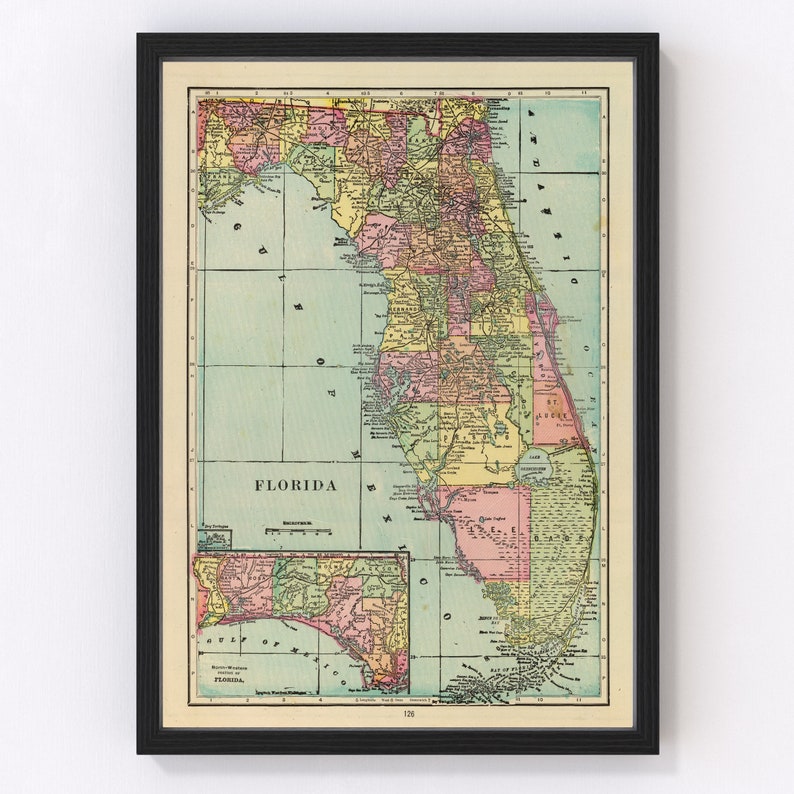 Florida Map 1909 - Old Map of Florida Art Vintage Print Framed Wall Art ...