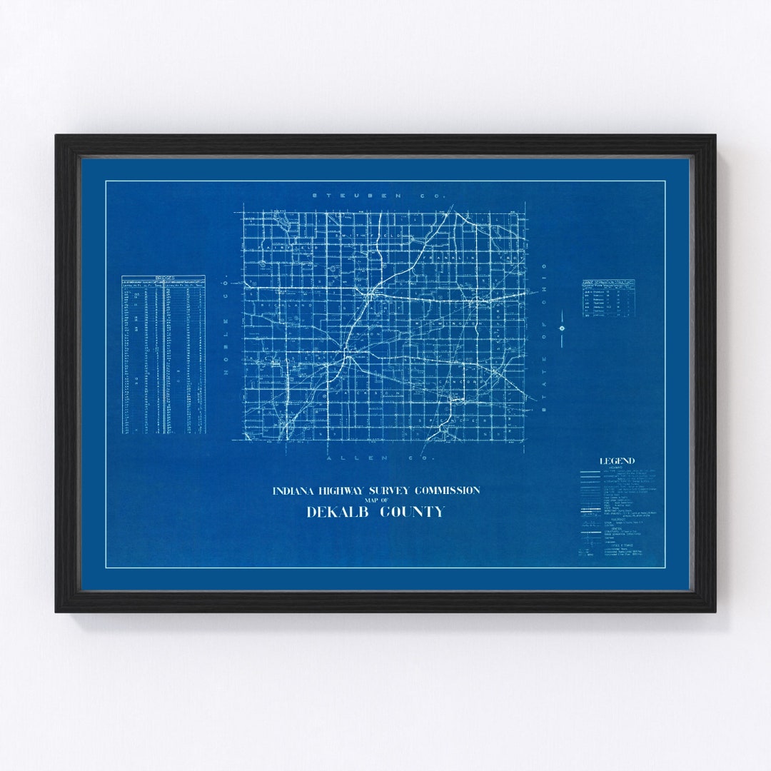Dekalb County IN Map 1936 Old Map of Indiana Art Vintage Print Framed ...