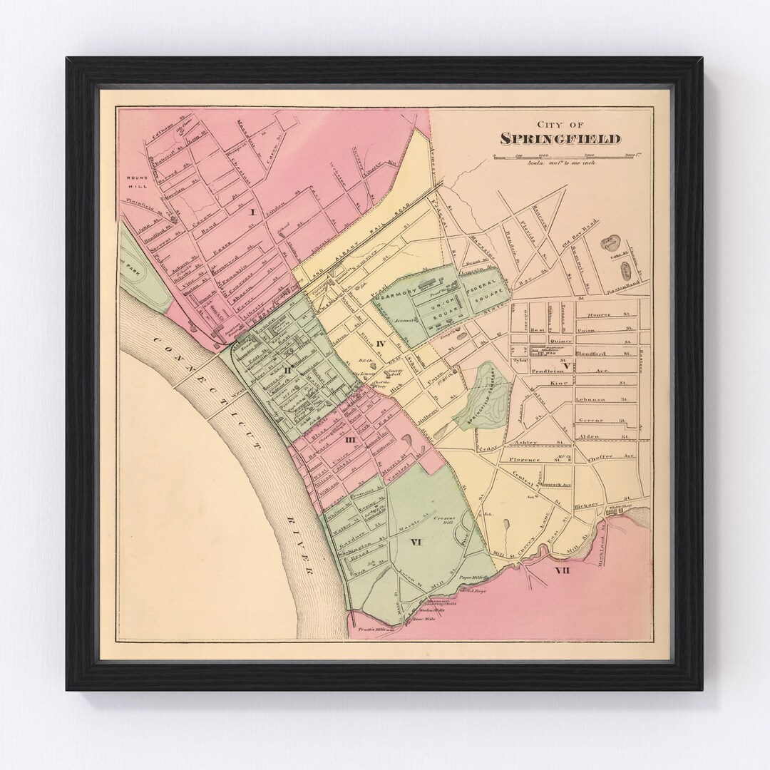 Springfield Map 1871 Old Map of Springfield Massachusetts Art Vintage ...