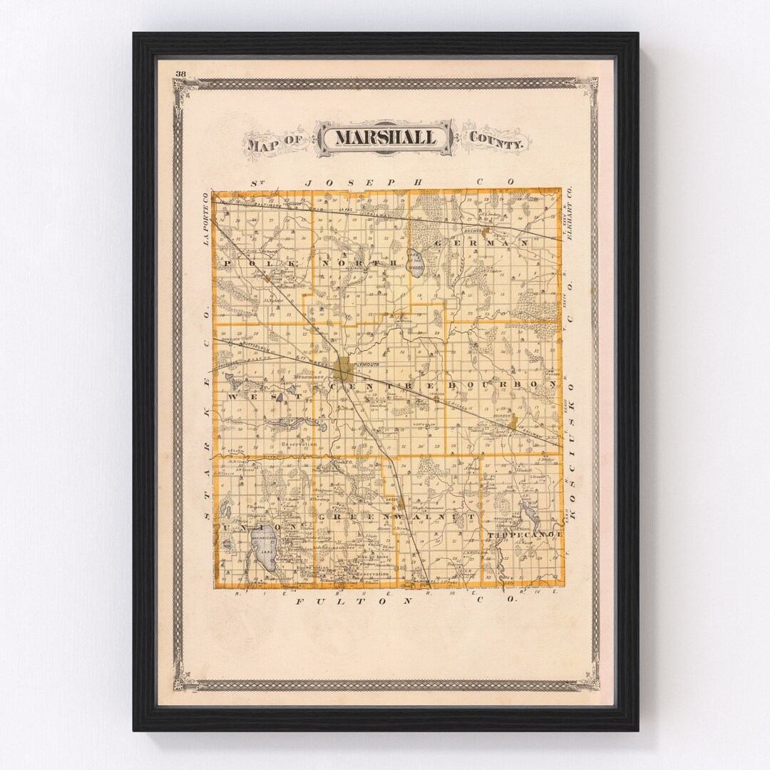 Marshall County IN Map 1876 Old Map of Plymouth Indiana Art Vintage ...