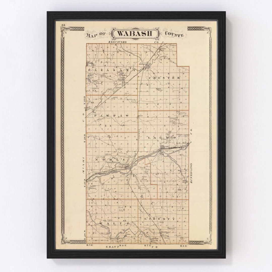Wabash County Map 1876, Vintage Wabash County Map, Old Wabash County ...
