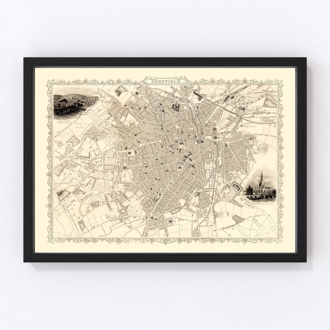 Sheffield Map 1851, Vintage Sheffield Map, Old Sheffield Art, Wall Art ...
