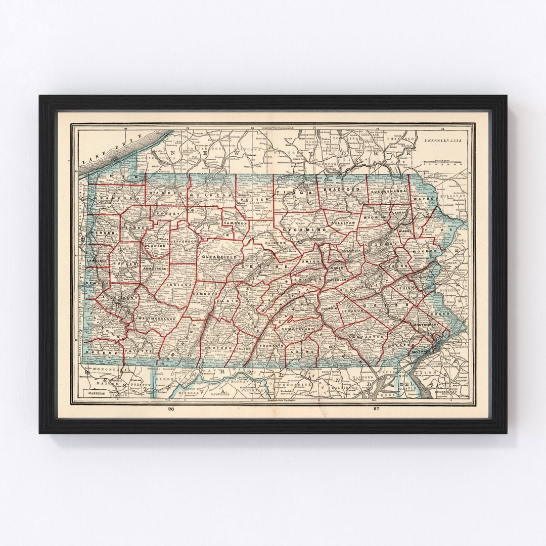 Pennsylvania Map 1893 - Old Map of Pennsylvania Art Vintage Print ...