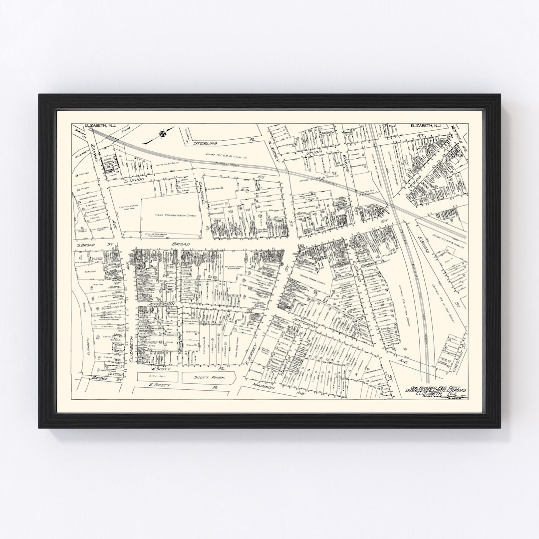 Elizabeth Map 1929 Old Map of Elizabeth Business Section New Jersey Art ...