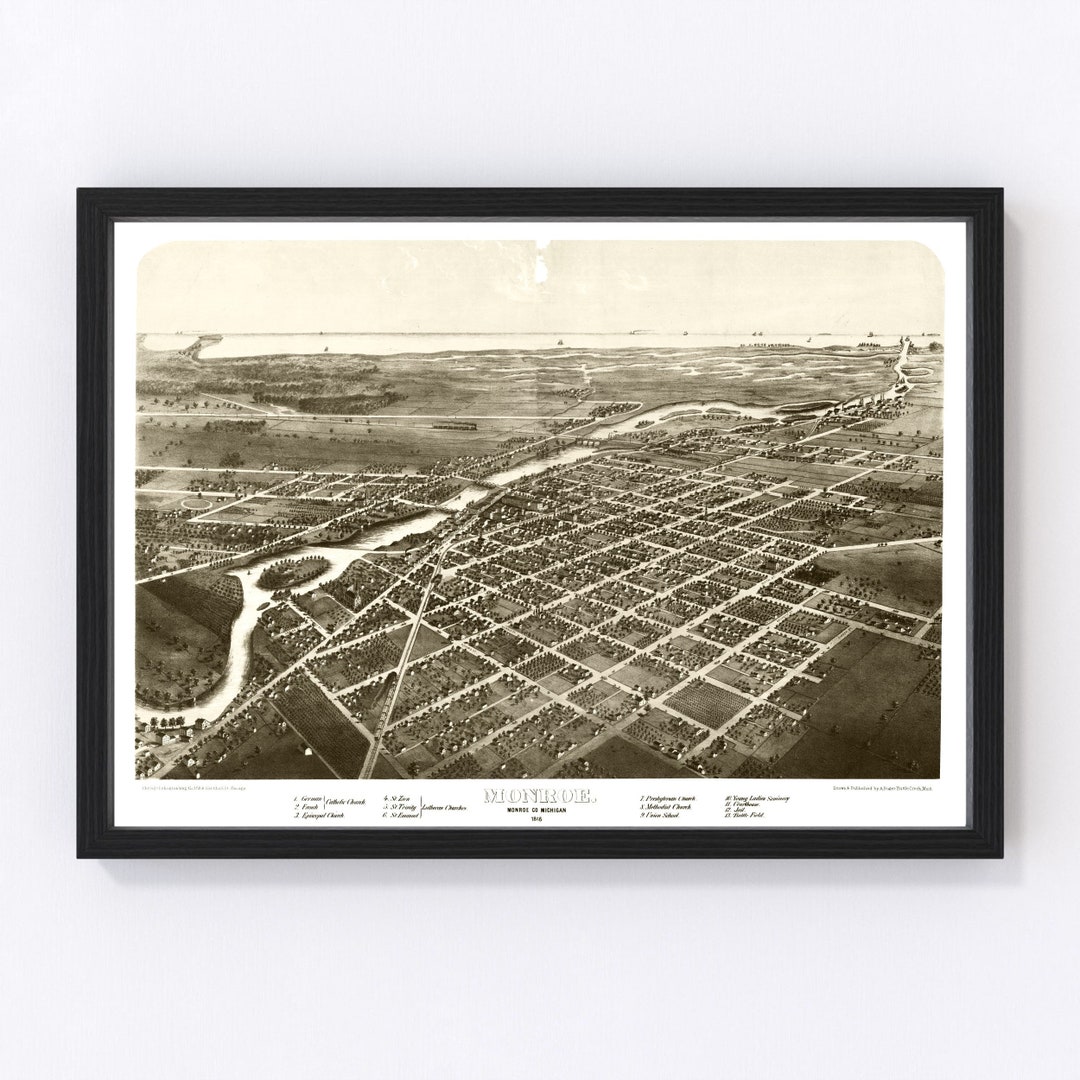 Monroe Map 1866, Vintage Monroe Map, Old Monroe Michigan Art, Wall Art ...