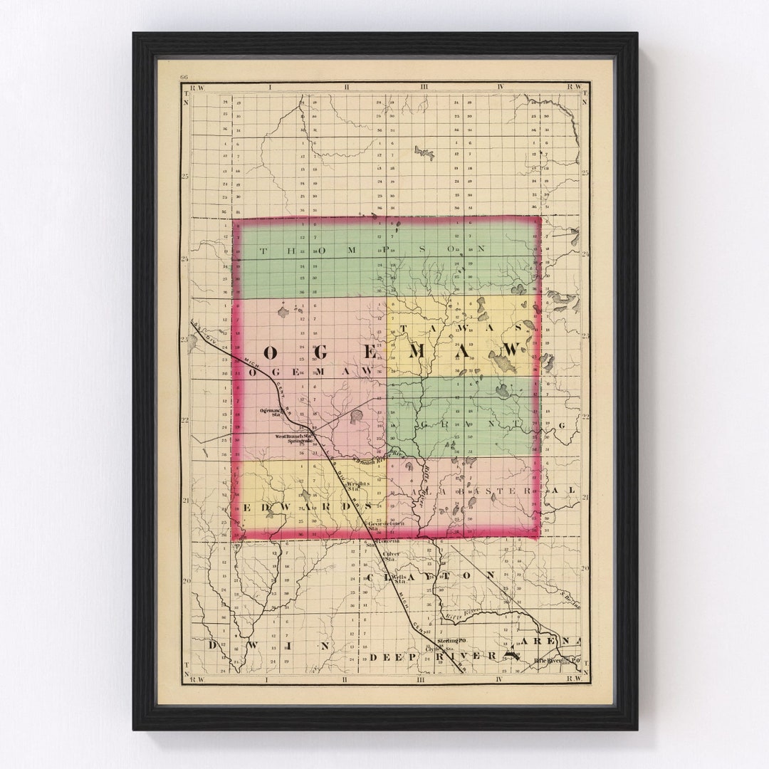Ogemaw County Map 1873, Vintage Ogemaw County Map, Old Ogemaw County ...