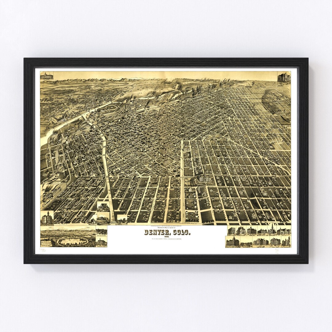 Denver Map 1889 - Old Map of Denver Colorado Art Vintage Print Framed ...