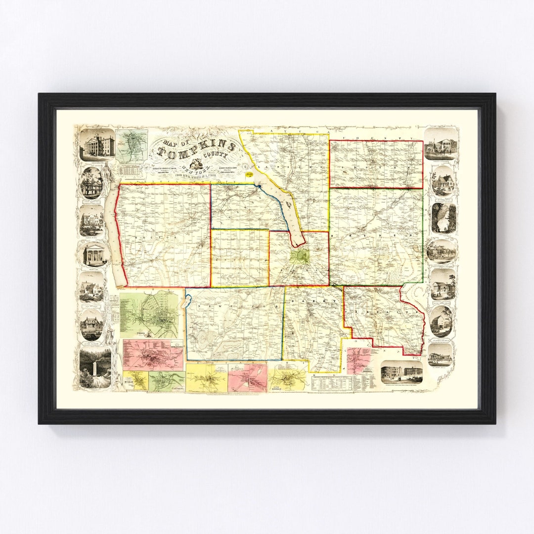 Tompkins County Map 1853, Vintage Tompkins County Map, Old Tompkins ...