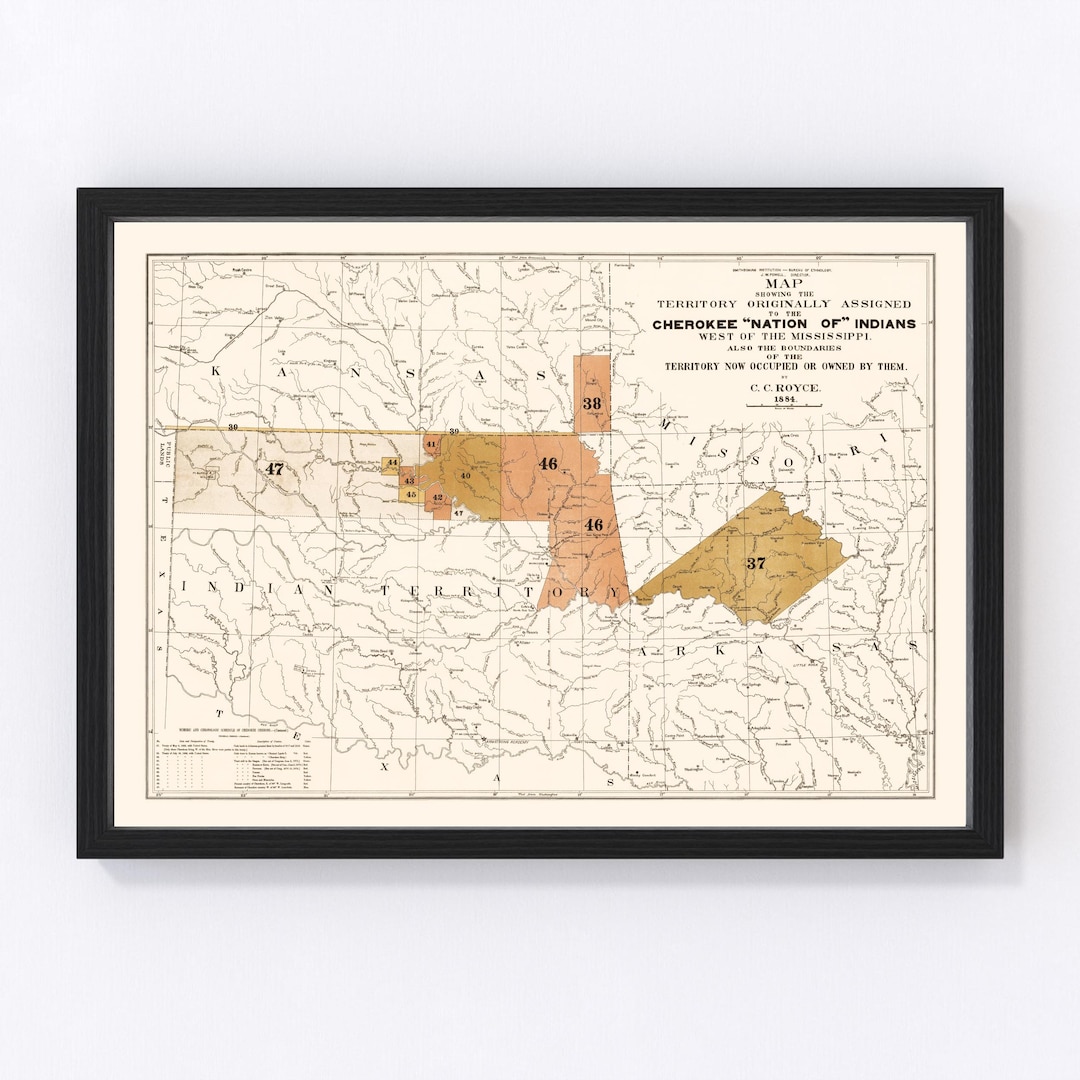 Cherokee Nation Map 1884, Vintage Cherokee Nation Map, Old Cherokee ...