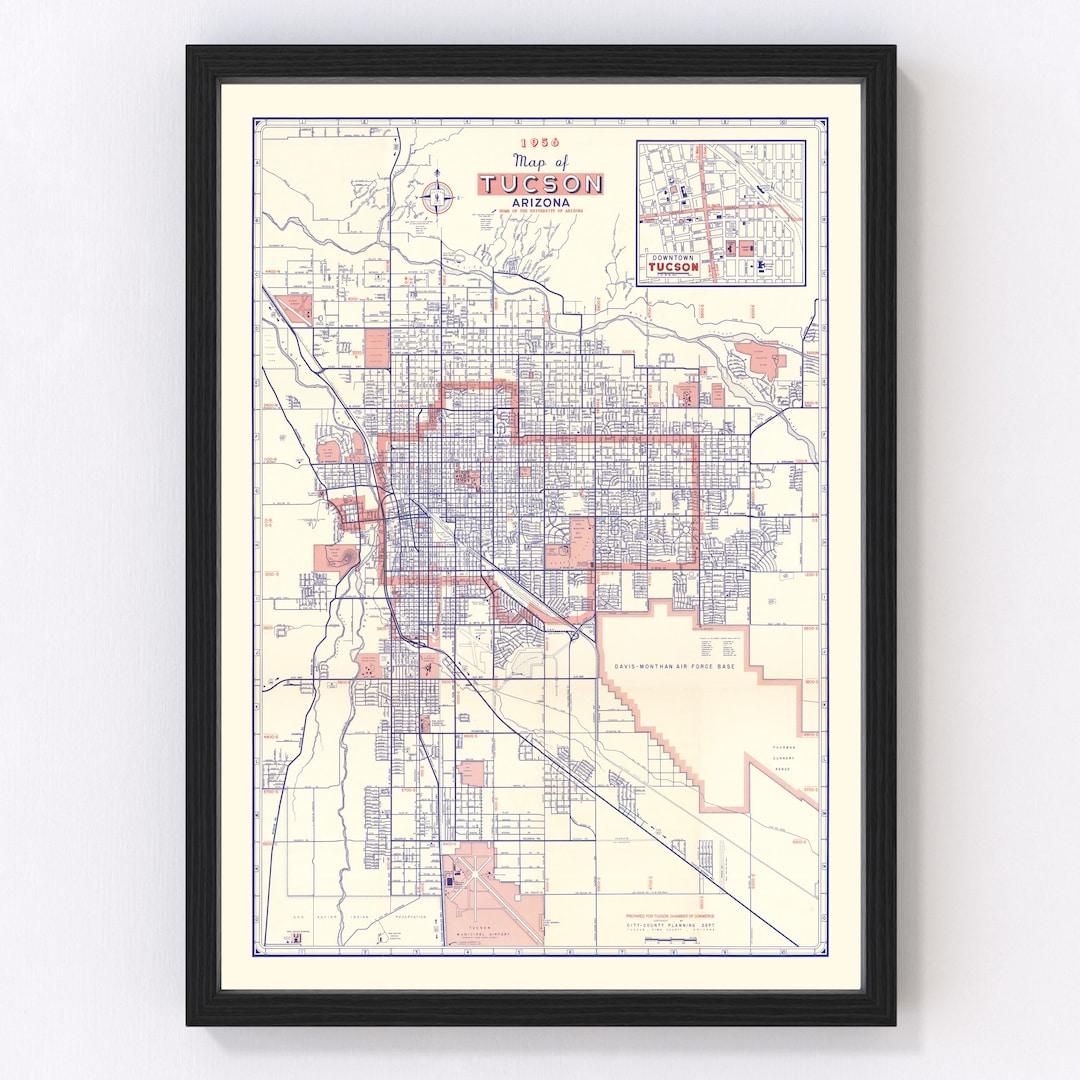 Tucson Map 1956 - Old Map of Tucson Arizona Art Vintage Print Framed ...