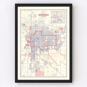 Tucson Map 1956 - Old Map of Tucson Arizona Art Vintage Print Framed ...