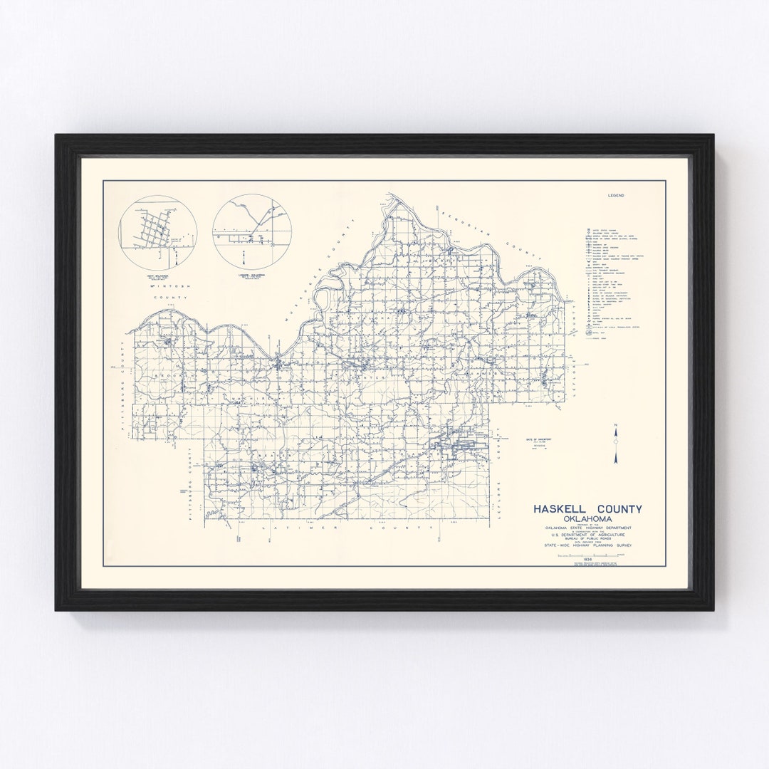 Haskell County OK Map 1936 Old Map of Oklahoma Art Vintage Print Framed ...