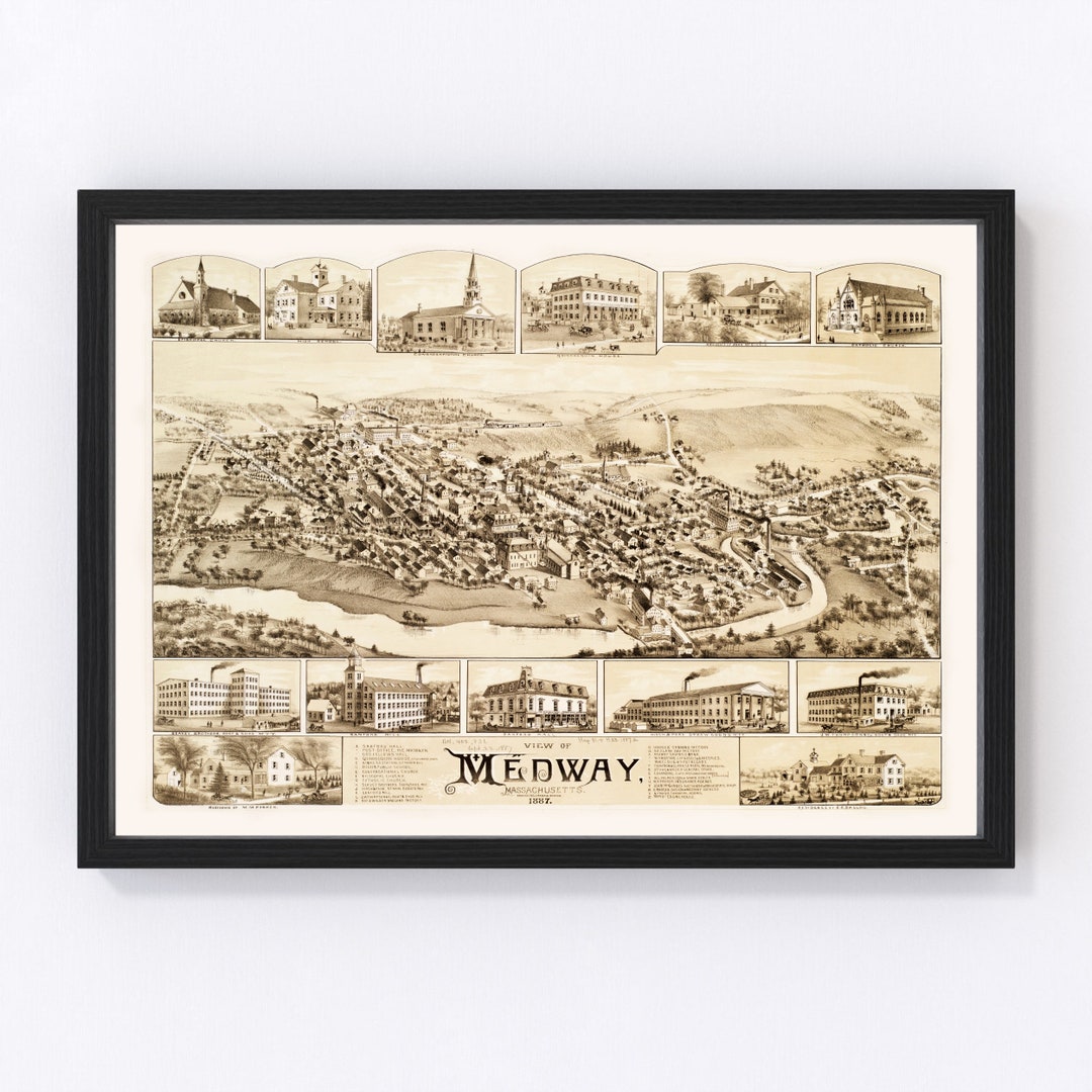 Medway Map 1887, Vintage Medway Map, Old Medway Massachusetts Art, Wall Art Gift for Medway ...