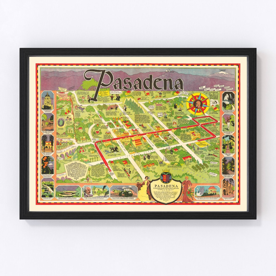 Pasadena Map 1933 - Old Map of Pasadena California Art Vintage Print ...