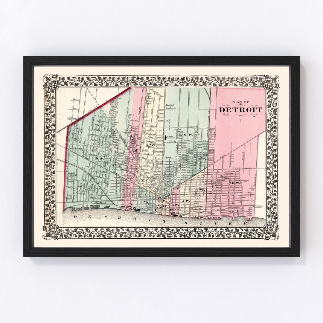 Detroit Map 1877, Vintage Detroit Map, Old Detroit Michigan Art, Wall ...