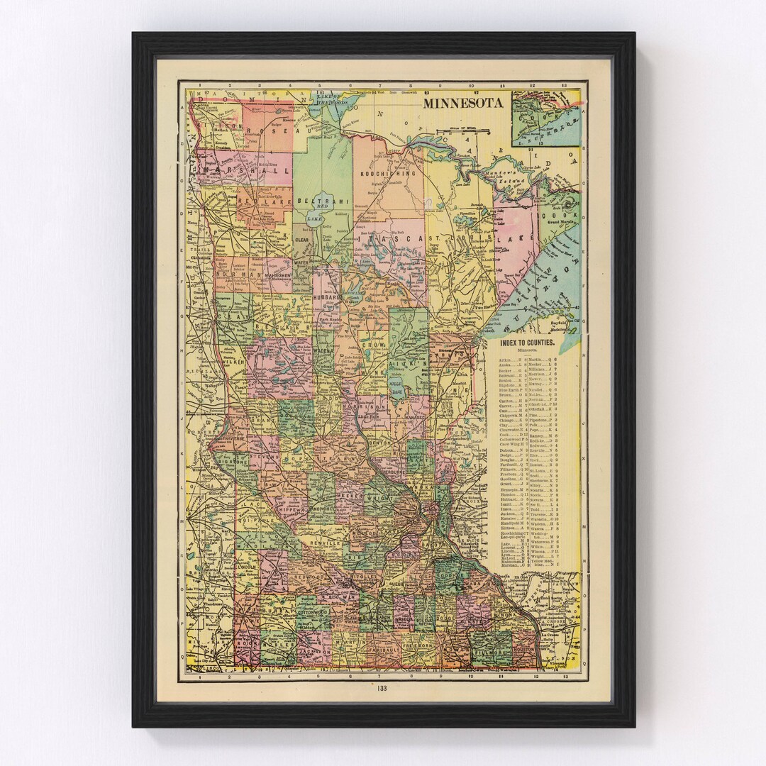 Minnesota Map 1909, Vintage Minnesota Map, Old Minnesota Art, Wall Art ...