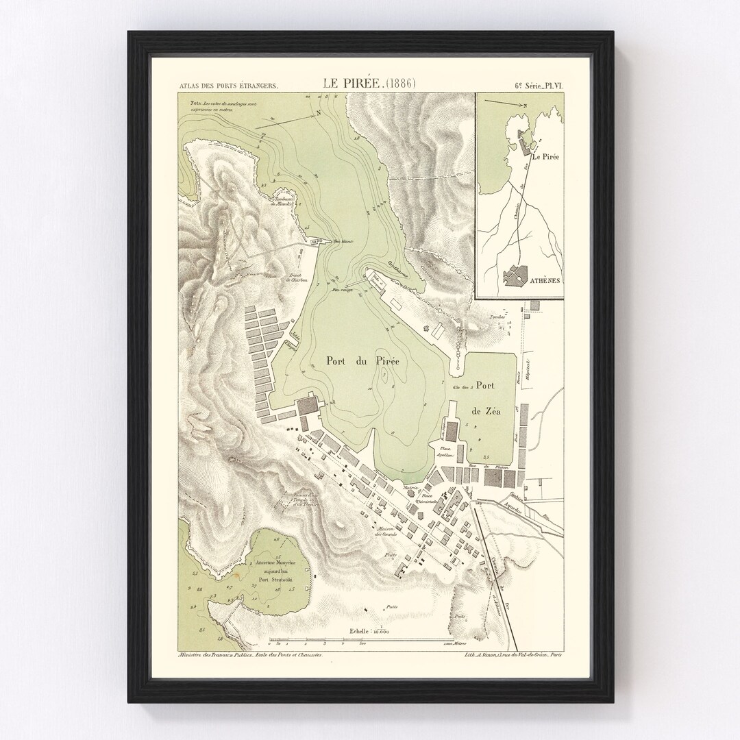 Piraeus Map 1886, Vintage Piraeus Map, Old Piraeus Art, Wall Art Gift ...