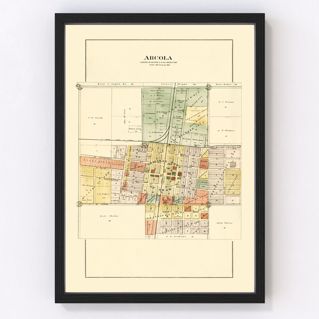 Arcola Map 1893, Vintage Arcola Map, Old Arcola Illinois Art, Wall Art ...