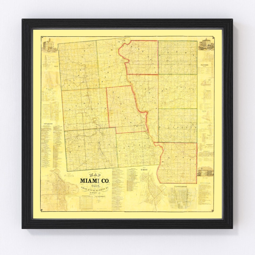 Miami County Map 1858, Vintage Miami County Map, Old Miami County Ohio ...