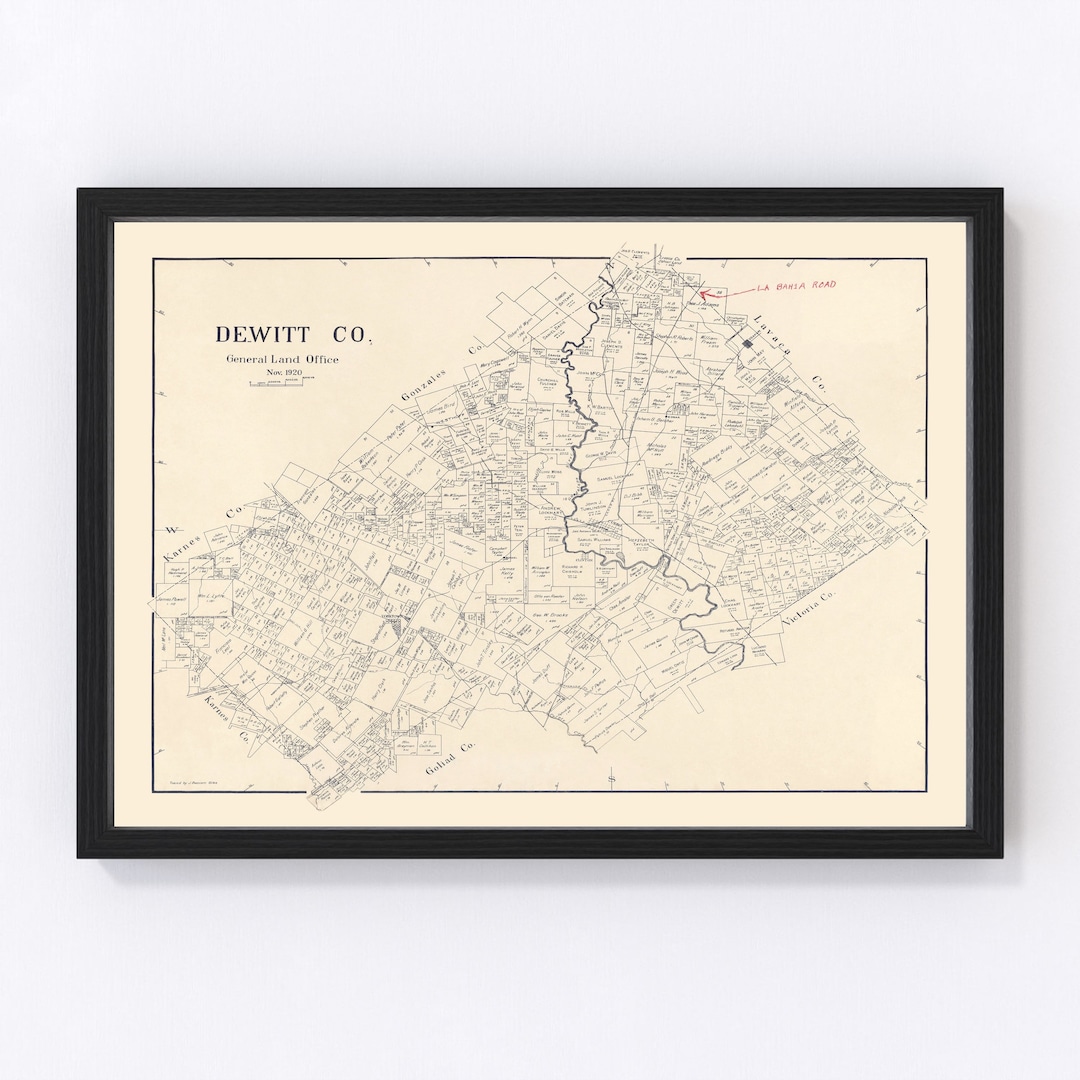 Dewitt County TX Map 1920 Old Map of Texas Art Vintage Print Framed ...