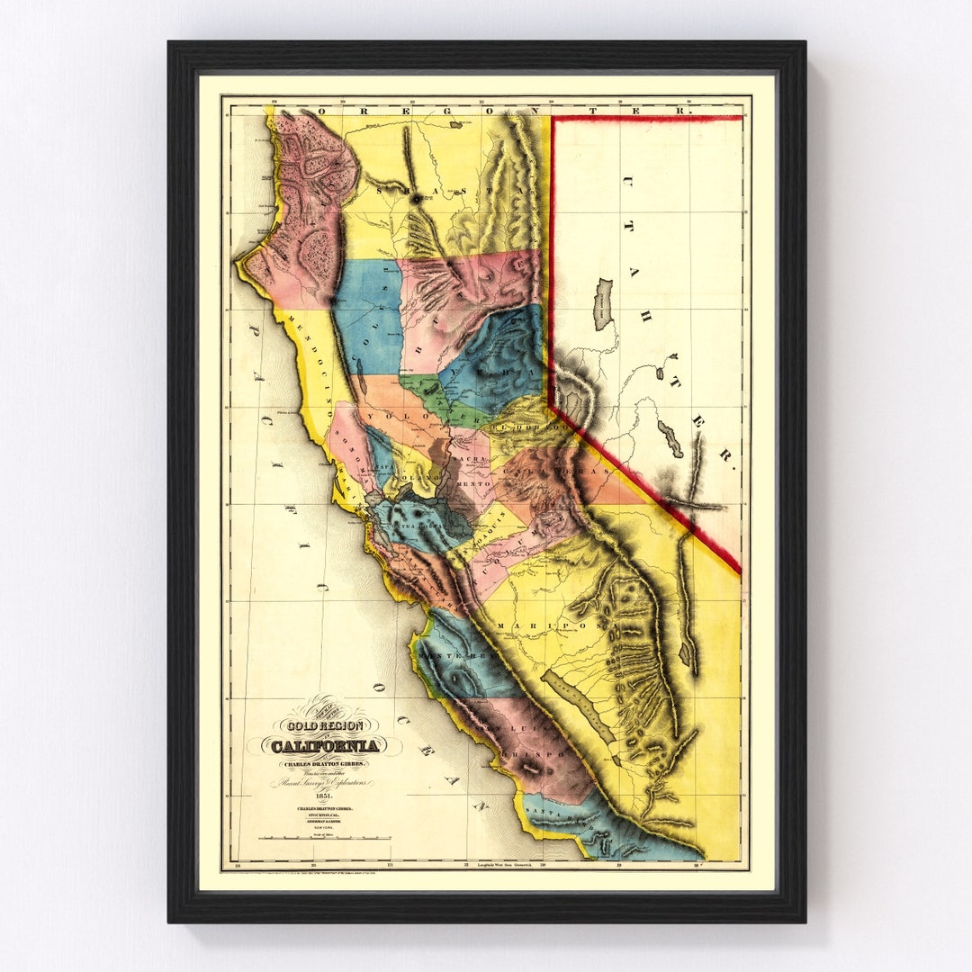 California Map 1851, Vintage California Map, Old California Art, Wall ...