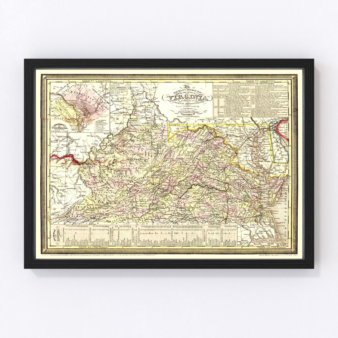 Virginia Map 1853 - Old Map of Virginia Art Vintage Print Framed Wall ...
