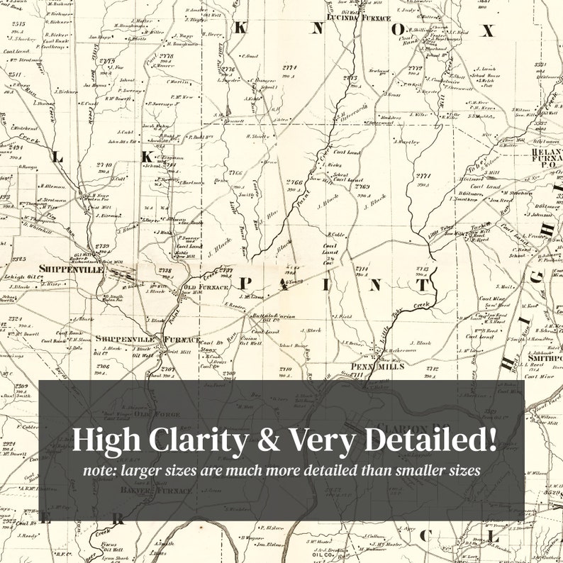Clarion County Map 1865, Vintage Clarion County Map, Old Clarion County ...