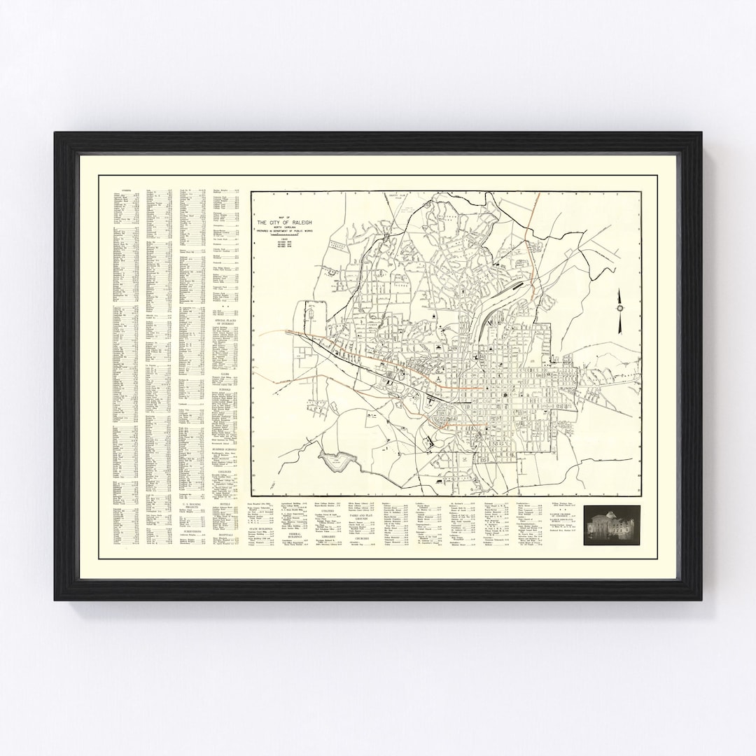 Raleigh Map 1948, Vintage Raleigh Map, Old Raleigh North Carolina Art ...