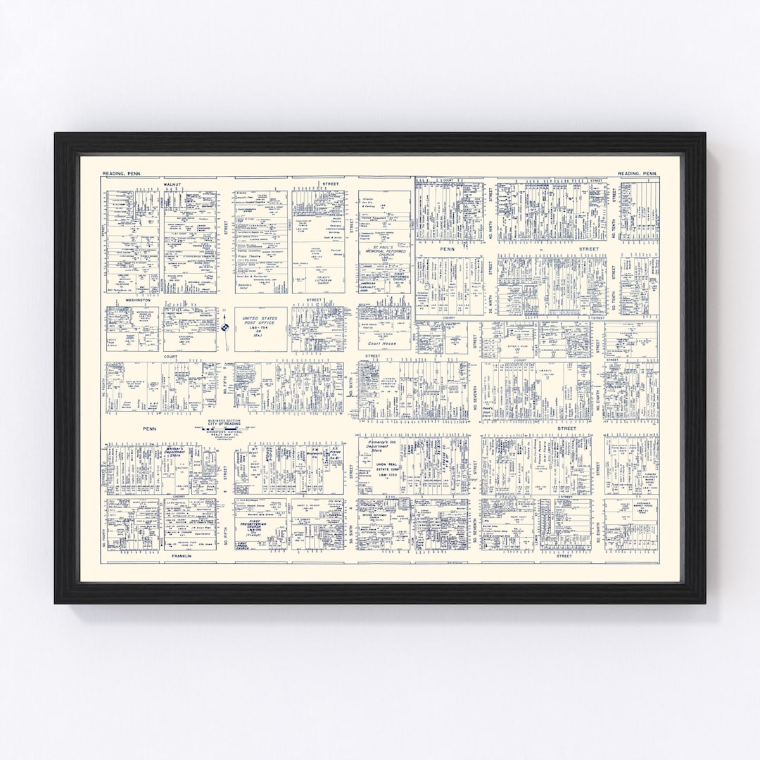 Reading Map 1950 Old Map of Reading Business Section Pennsylvania Art ...