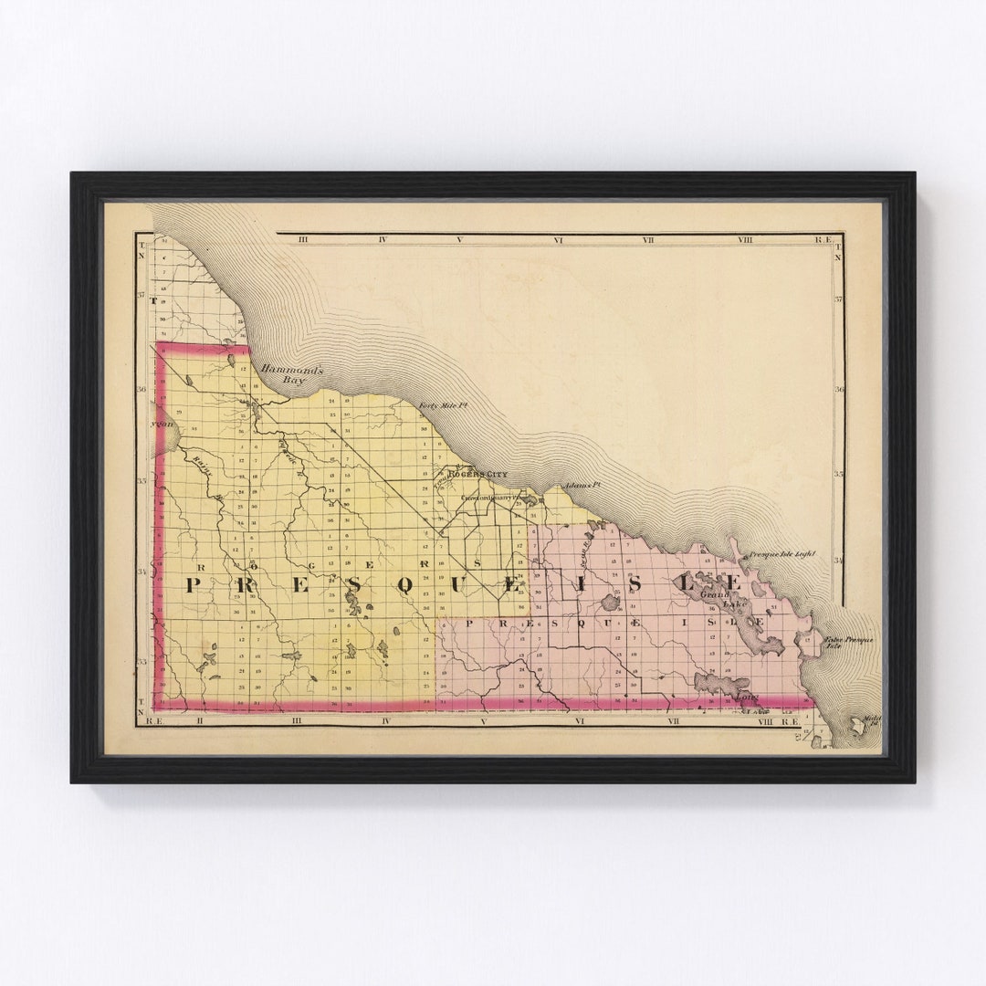 Presque Isle County MI Map 1873 Old Map of Rogers City Michigan Art ...