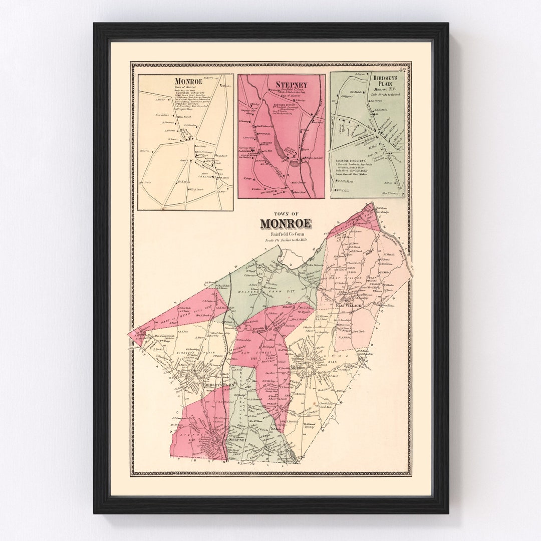 Monroe Map 1867 Old Map of Monroe Connecticut Art Vintage Print Framed ...