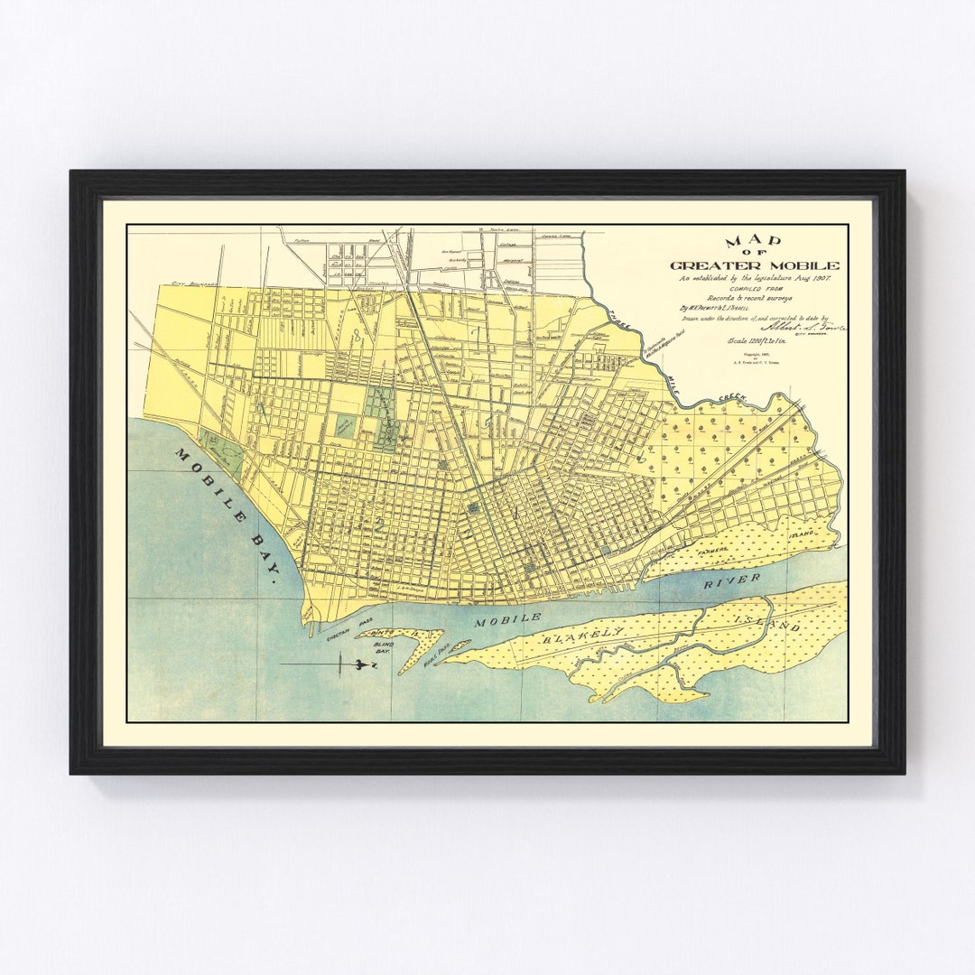 Mobile Map 1907 Old Map of Mobile Alabama Art Vintage Print Framed ...
